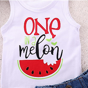 LOTUCY 2PCS Baby Girls Boy Clothes One in A Melon Watermelon Tops Tassel Ripped Denim Shorts Set Baby Boy Girl 1st Birthday Outfit