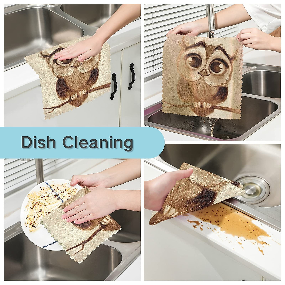 ALAZA Dish Towels Kitchen Cleaning Cloths Cute Owl Dish Cloths Super Absorbent Kitchen Towels Lint Free Bar Tea Soft Towel Kitchen Accessories Set of 6,11"x11"