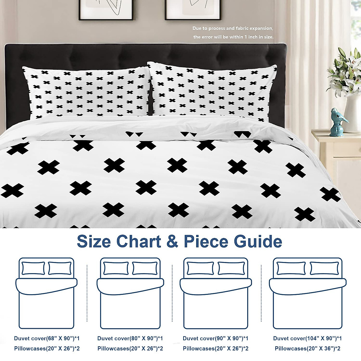 Batmerry Black White Geometric King Size 3 Pieces Bedding Comforter Cover Sets,Soft Fluffy Fashion Prints Monochrome Cross Pattern Printed Duvet Cover for All Season
