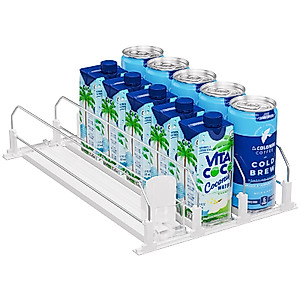 Puricon Drink Organizer for Fridge Pusher Glide, Spring Loaded Fridge Drink Dispenser, Self Pushing Soda Can Organizer for Refrigerator, Beer Bottle Beverage Organizer Drink Holder -3 Rows, White