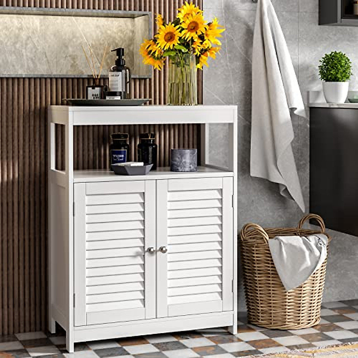 Tangkula Bathroom Storage Floor Cabinet, Free Standing Storage Cabinet with Double Shutter Doors and 3-Position Adjustable Shelves, Wooden Storage Cabinet Organizer for Bathroom, Living Room (White)