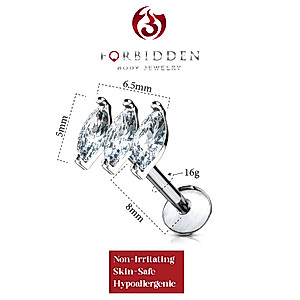 Forbidden Body Jewelry 16g Internally Threaded Surgical Steel Tri-CZ Top Cartilage Stud - 8mm Clear
