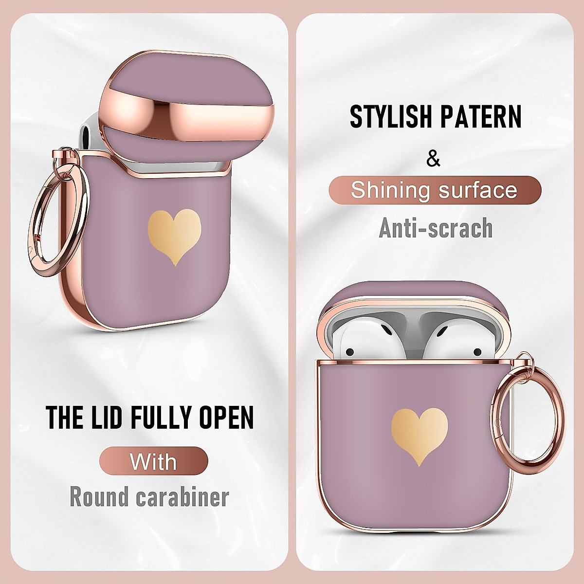 Maxjoy Compatible with Airpods Case,for Airpods 2nd Generation Case Cute Electroplating with Gold Heart Pattern with Lanyard Shockproof Cover for Girls Woman Airpods 2 &11-Light Purple