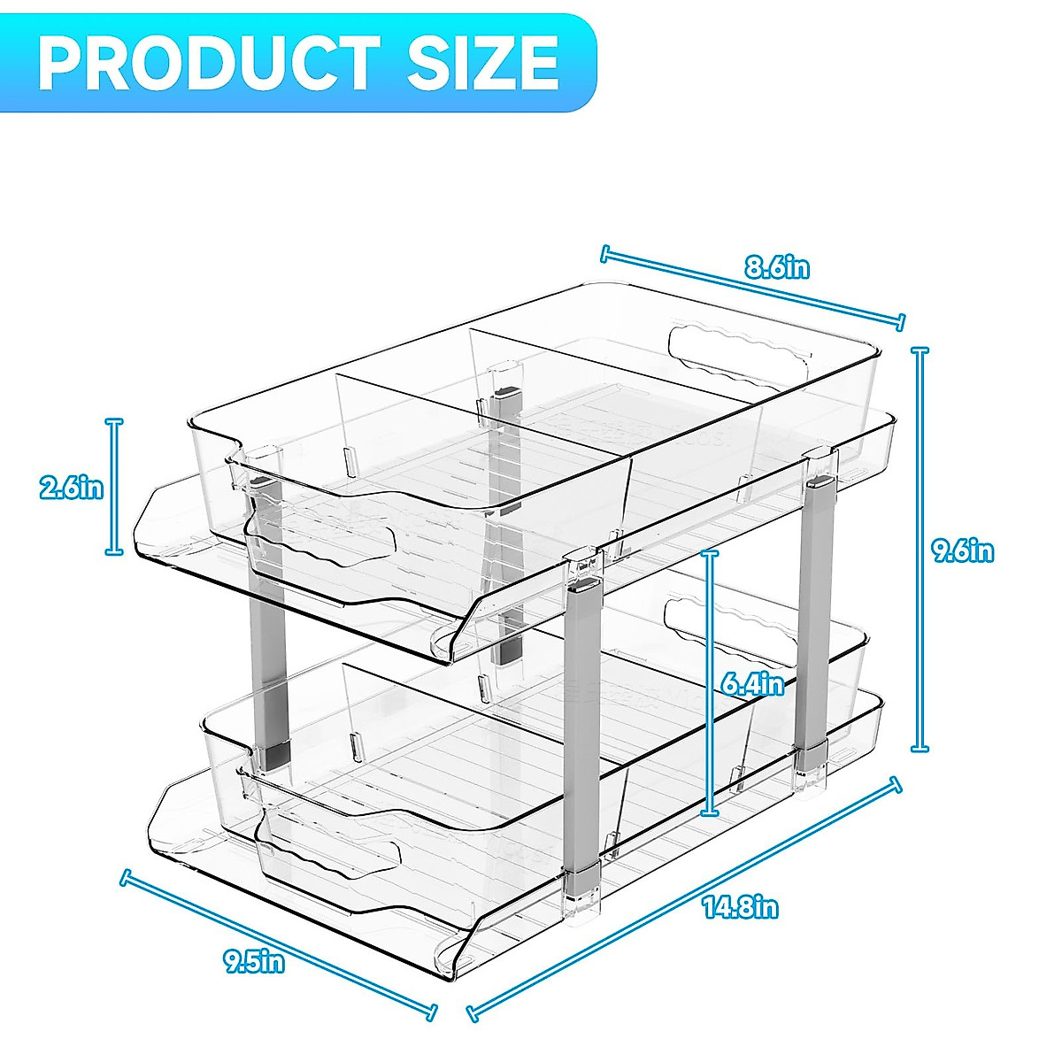 2 Sets Large Capacity Under Sink Organizers And Storage,Multi-Purpose 2 Tier 9.6"Tall Under Bathroom Sink Organizer and Under Cabinet Storage,Clear Pull Out Medicine Cabinet Organizer With 8 Dividers