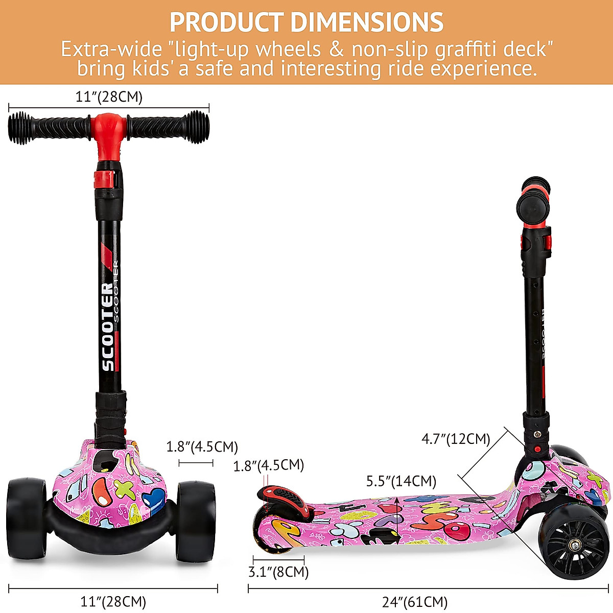 Scooter for Kids Ages 3-12, Foldable & Height Adjustable Kids Scooter with Graffiti Bodywork, Non-Slip Deck and Extra Wide PU Light-up Wheels (200 Lbs Weight Capacity)