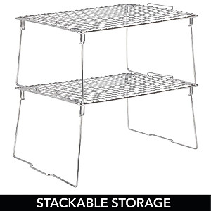 mDesign Farmhouse Metal Stackable Storage Shelf - Closet, Cabinet, Countertop 2-Tier Raised Organizer - for Bedrooms, Bathrooms, Entryways, Hallways - 12" x 17" x 8.4" - Chrome