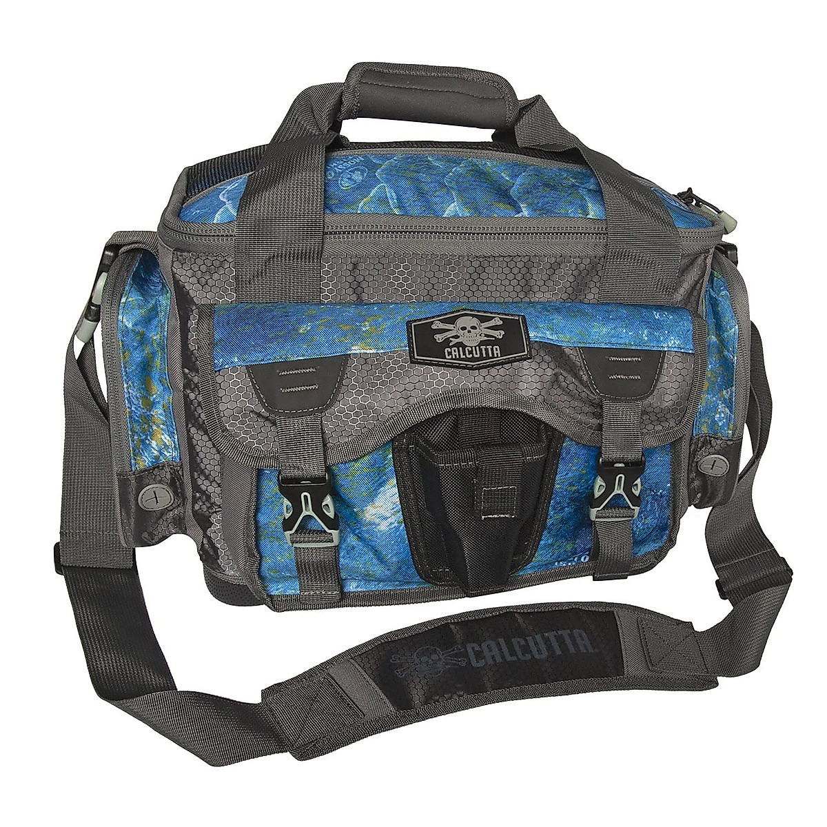 Calcutta Squall Tackle Bag | Mossy Oak Coastal Shoreline Pattern | 4 3700 Utility Boxes Trays | Removable Shoulder Strap | Compression Molded Bottom | Durable Construction