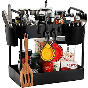 Jucoan 2 Tier Bathroom Sink Countertop Storage Organizer Kitchen Countertop Spice Rack with Hooks, Cups and Handle, Pantry Shelves Seasoning Storage Shelf for Kitchen Bathroom Vanity