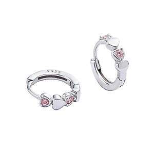 Double Love Heart Cubic Zirconia Small Hoop Earrings for Women Girls 925 Sterling Silver Hypoallergenic Pink CZ Huggie Hoops Cartilage Dainty Jewelry Gifts