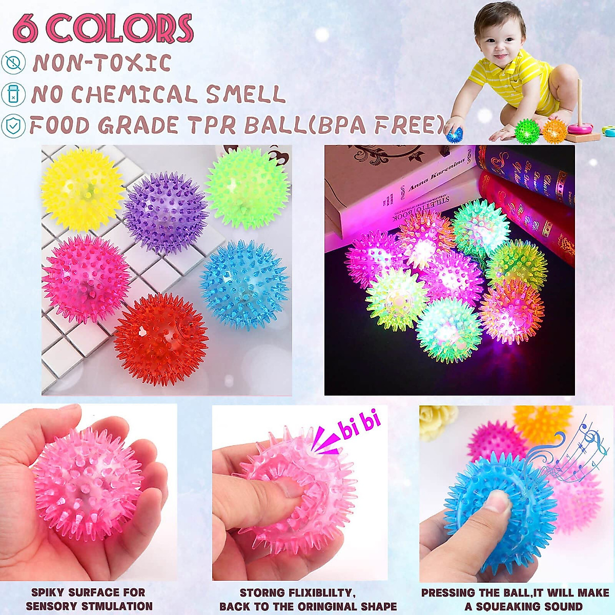 Bouncy Light Up Ball for Kids - LED Flashing Spiky Sensory Stress Balls for Toddlers 1-3 2.55inch Fidget Sensory Toys Glow in The Dark for Party Favors Student Gifts School Rewards
