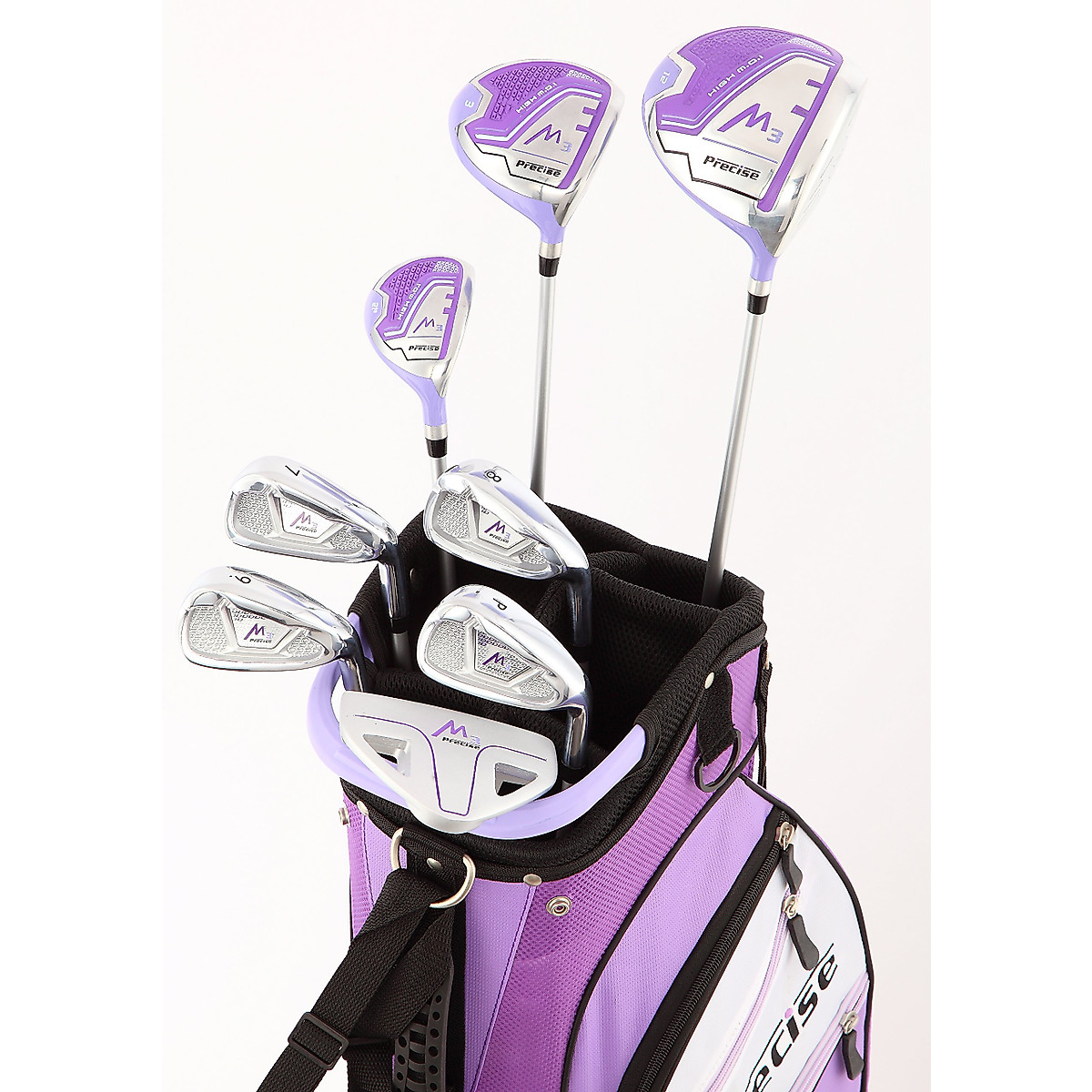 Precise M3 Ladies Womens Complete Golf Clubs Set Includes Driver, Fairway, Hybrid, 7-PW Irons, Putter, Stand Bag, 3 H/C's Purple - Regular, Petite or Tall Size! (Petite Size -1", Right Handed)