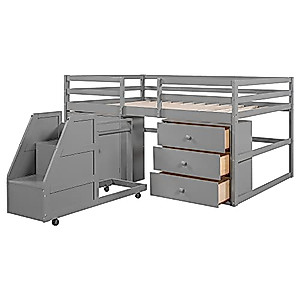 Solid Wood Full-Size Low Loft Bed Frame with Cabinets, Staircase with Hanging Clothes and Drawers for Kids, Pure Gray
