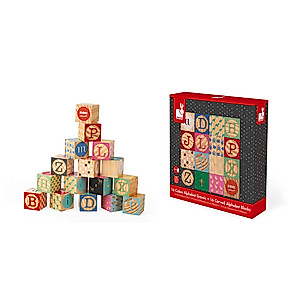 Janod Kubix 16 Wooden Alphabet and Numbers Blocks - Ages 2+ - J08078