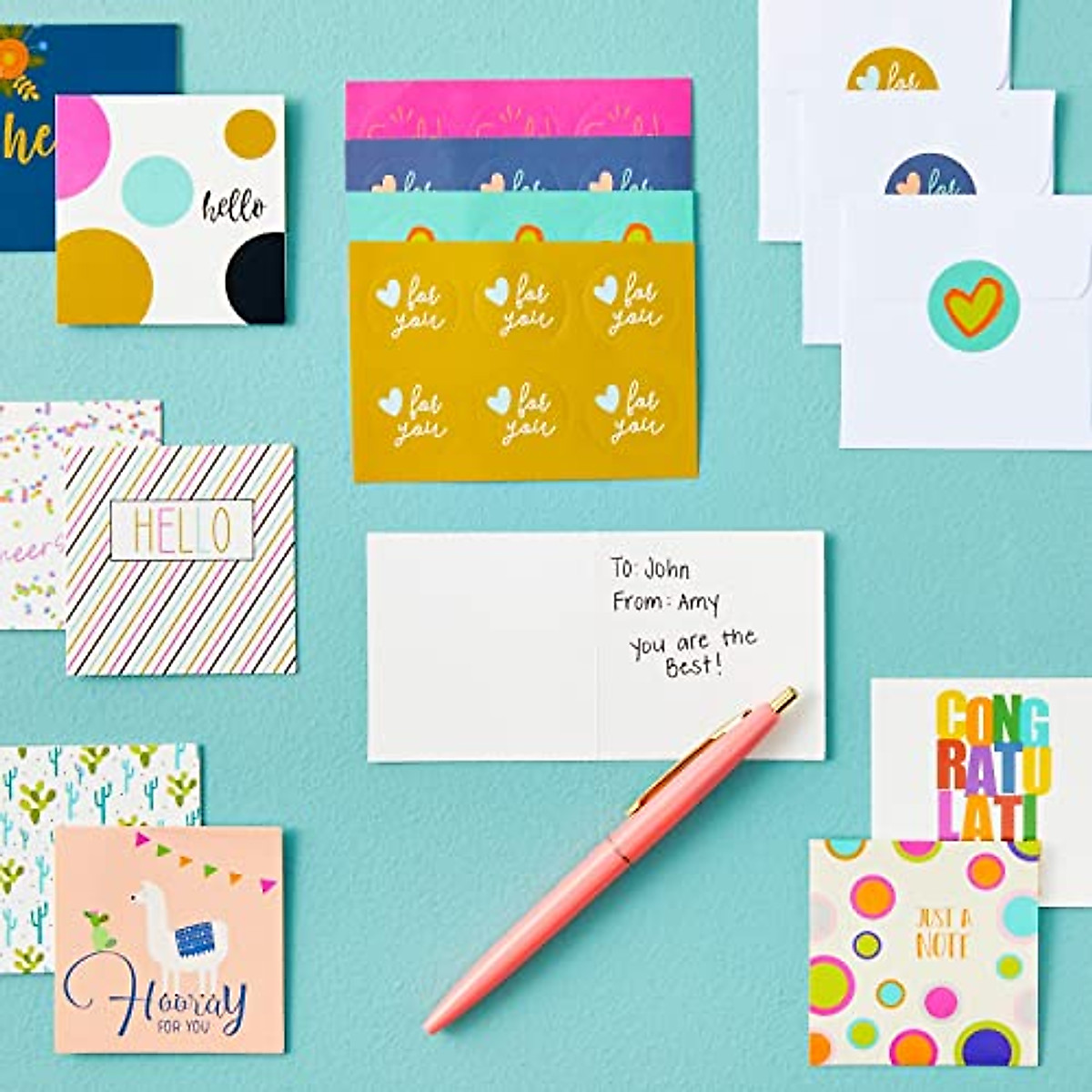 All Occasion Mini Notecards with Envelopes and 24 Stickers- 72-Pack Tiny Cute Greeting Cards for Birthday, Wedding, Party, Anniversary, Thank You, 24 Assorted Design, 3 of Each, Folded 2.5x2.5 Inches