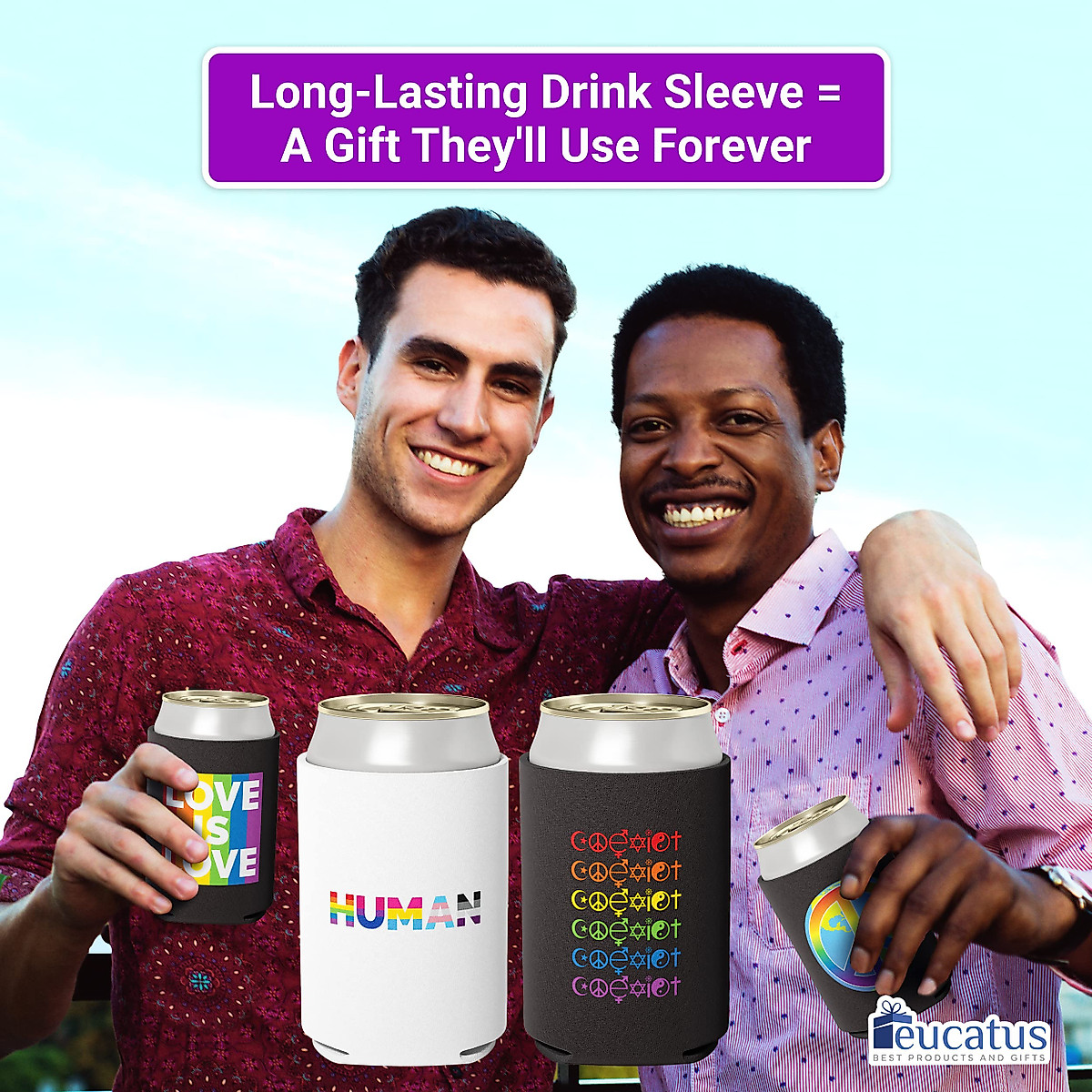 Super Vibrant, Be Proud LGBTQIA Coolies 6 Pc Set. Gay Pride Premium Soda Can Cooler Pack. Collapsible LGBTQ Ally Neoprene Novelty Drink Sleeves for Pop, Wine Coolers, Beer and Other Canned Beverages