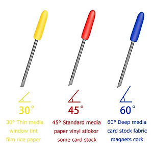 Eovuasclk 30 Pcs 30/45/60 Degree Blade Vinyl Cutter Plotter Cutting Blades for CB09 CB09U Graphtec with Blade Holder Base, Yellow&red&blue