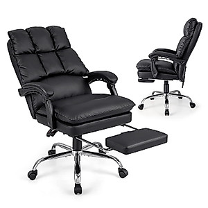 Giantex Ergonomic Office Chair with Footrest, PU Leather Reclining Chair with Padded Armrests & Soft Cushioned, Executive Office Chair, Adjustable Swivel Computer Desk Chair for Home Office, Black