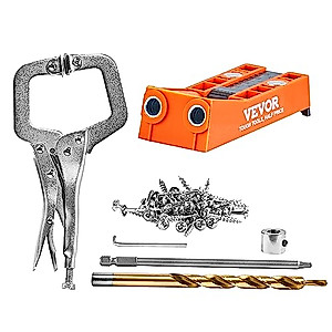 VEVOR Pocket Hole Jig, 56 Pcs Mini Jig Pocket Hole System with 9" C-clamp, Step Drill, Wrench, Drill Stop Ring, Square Drive Bit, and Screws, for DIY Carpentry Projects