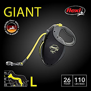 FLEXI New Classic Neon Retractable Dog Leash (Tape), Ergonomic, Durable And Tangle Free Pet Walking Leash For Dogs Up To 110 lbs, 26 ft, Large, Black