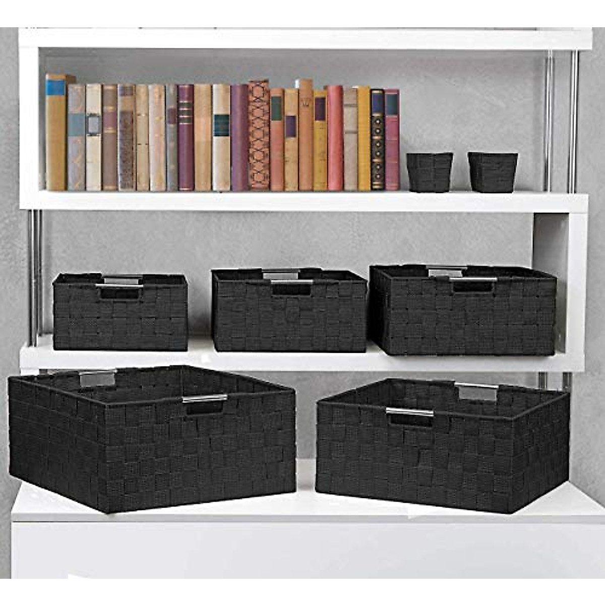 Sorbus Storage Box Woven Basket Bin Container Tote Cube Organizer Set Stackable Storage Basket Woven Strap Shelf Organizer Built-In Carry Handles (7 Piece - Black)