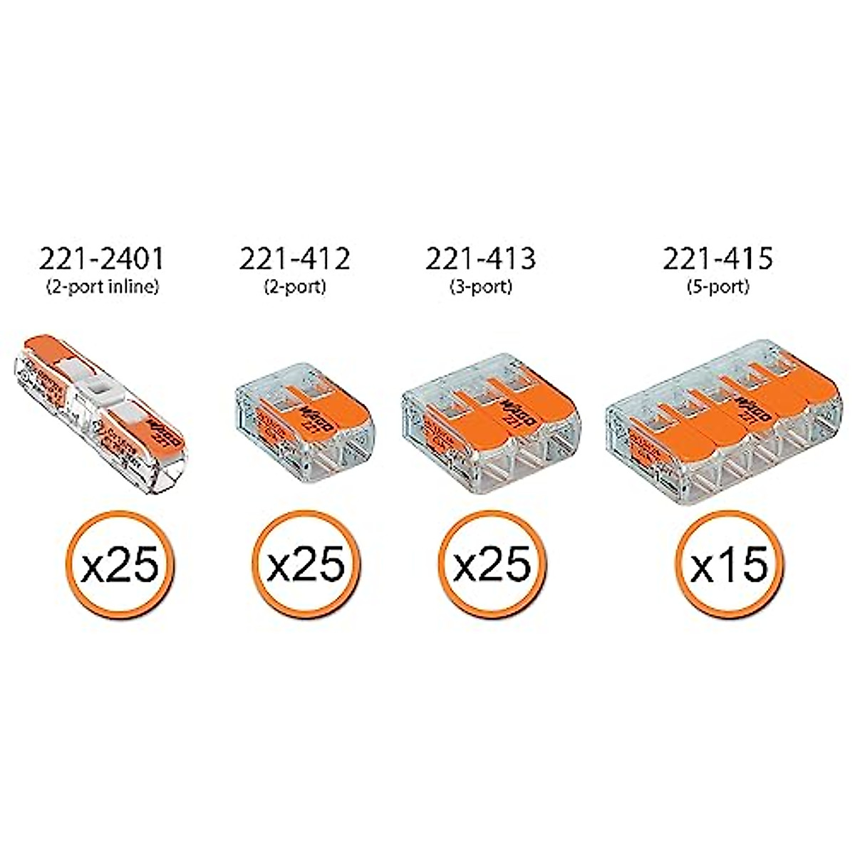 WAGO 221 Lever Nuts 90pc Compact Splicing Wire Connector Assortment with Case. Includes (25x) 221-2401, (25x) 221-412, (25x) 221-413, (15x) 221-415