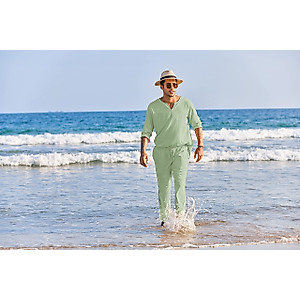 COOFANDY Men's 2 Pieces Cotton Linen Set Henley Shirt Long Sleeve and Casual Beach Pants Summer Yoga Outfits