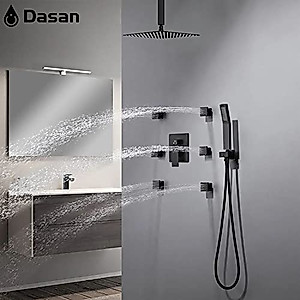 DASAN Full Body Shower System with 6 PCS Body Spray Jets & 12'' Rain Shower Head & Handheld, Ceiling Mount Rain Shower System Matte Black Shower Faucets Sets Complete with Valve, SA-SS03AMB-S12C