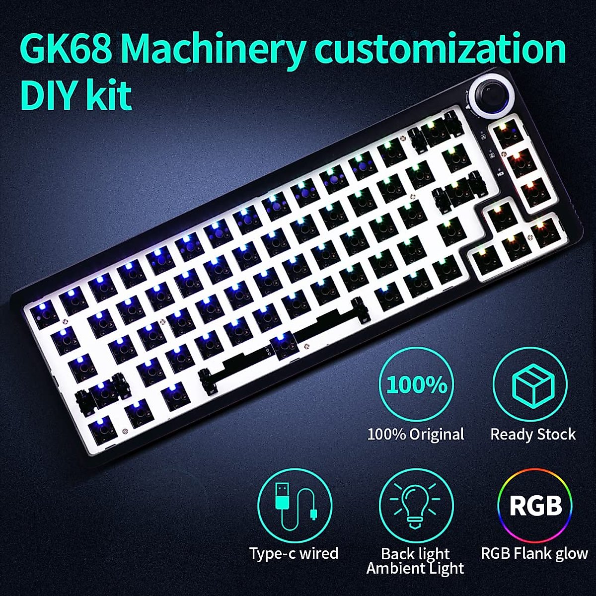 GK68 RGB Hot-Swappable Programmable Junction Box Can Be Replaced with Switch DIY Mechanical Keyboard Kit, Support AKKO, Cherry MX, Gateron, Kailh Mechanical Switch (Black)