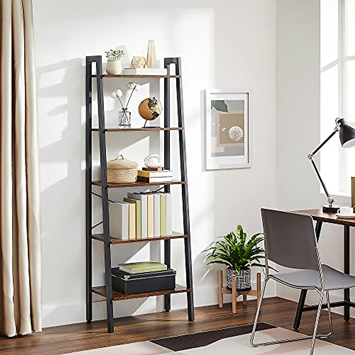 VASAGLE Industrial Bookcase, 5-Tier Corner Shelf, Rustic Brown & Ladder Shelf, 22.1" L x 13.3" W x 67.7" H, Rustic Brown