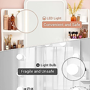 armocity Vanity Desk with Mirror and Light, Makeup Vanity with Cushioned Stool, Vanity Table Set with 3 Color Lighting Options, Modern Dressing Table with 2 Storage Drawers for Bedroom, White