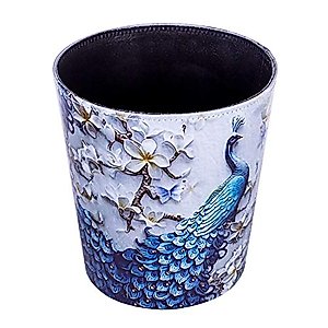 ALiquid Leather Trash Can, 2.64 Gallon PU Leather Garbage Bin for Home Cafe and Barber Shop, Waterproof Wastebasket with Pattern - Blue Peacock