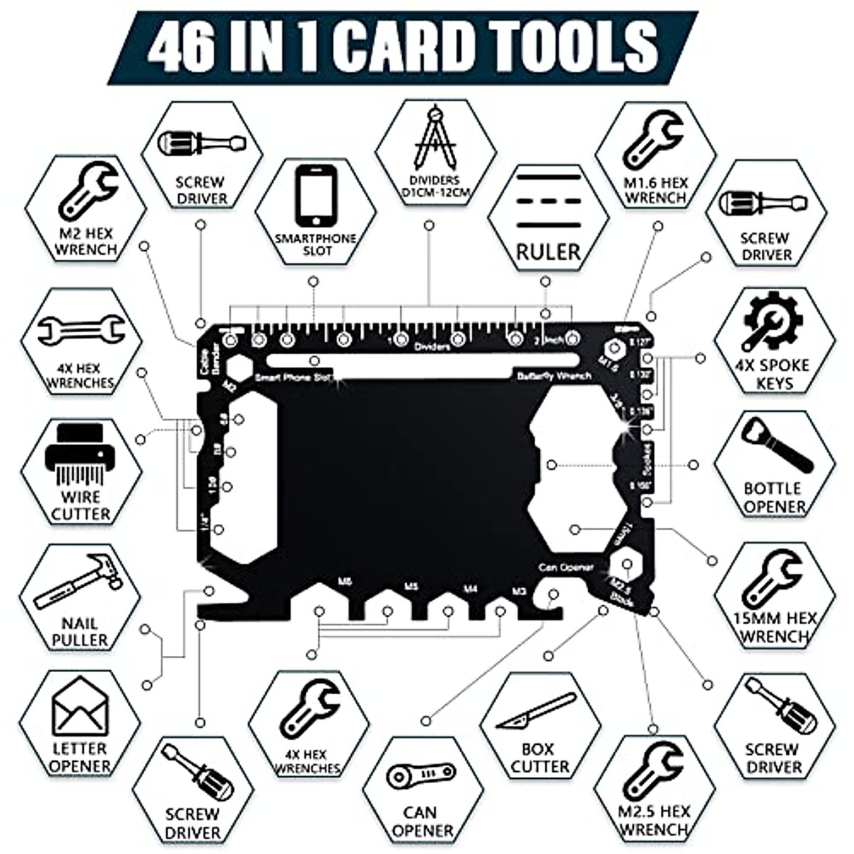 6 Pcs Credit Card Wallet Size Multitool 46 in 1 Multi Purpose Survival Pocket Tool Multipurpose Tool Card for Christmas Men Gift, 3.15 x 2.05 Inch (Black)