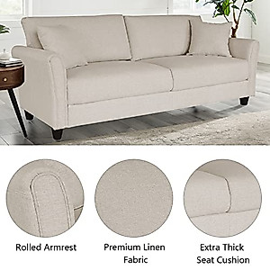 mikibama Linen Fabric Sofa 85 Inches Mid-Century Modern Couch 3 Seater Sofa with 2 Throw Pillows Upholstered Sofa with Rolled Armrest for Living Room, Apartment, Bedroom (Beige)