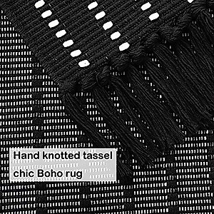 idee-home Black Small Boho Rug, Boho Bathroom Rug, Patterned Bath Mat, Woven Black Striped Rug for Bedroom Living Room, Sink Kitchen Boho Rug with Tassel 2'x3'