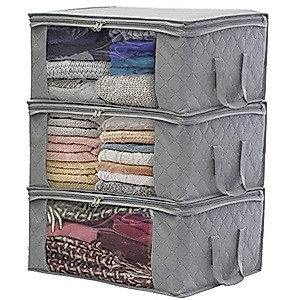 Sorbus Foldable Storage Bag Organizers, Large Clear Window & Carry Handles, Great for Clothes, Blankets, Closets, Bedrooms, and more (3-Pack, Gray)