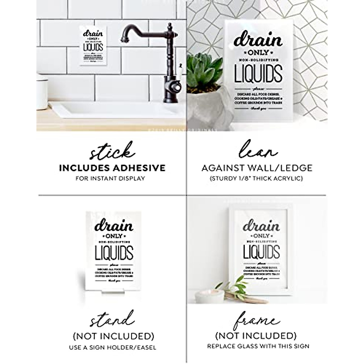 4x6 Inch Drain Only Non-Solidifying Liquids Designer Sign ~ Ready to Stick, Lean or Frame