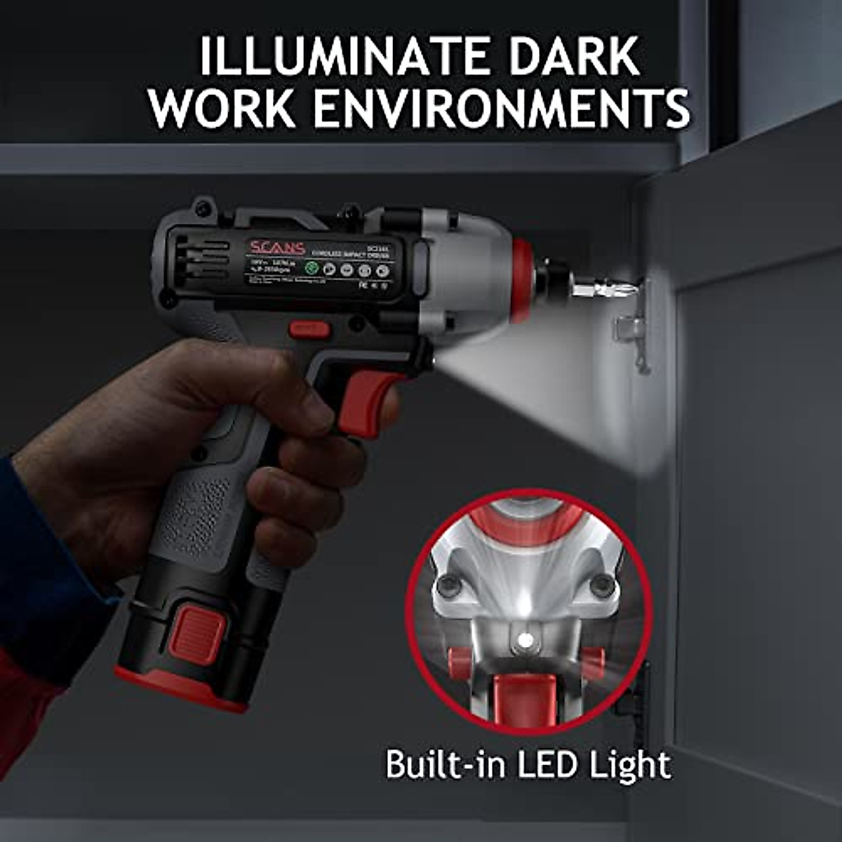 Cordless Impact Driver, 16V Brushless Impact Drill with 1/4” Hex Chuck, 2650RPM Variable Speed, LED Light, SCANS Impact Drill Set with 2.0Ah Battery/Charge, 37 Pcs Accessories, Tool Box, SC2161-1