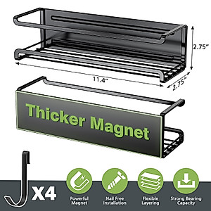 Bunoxea Magnetic Spice Rack Organizer for Refrigerator，Moveable Strong Magnetic Shelf with 4 Removable Hooks，Metal Kitchen Organizer For Space Saver (4 Pack Black)