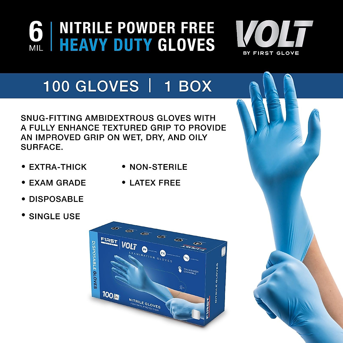 FIRST GLOVE Volt Small 100 Ct. 6 Mil Blue Nitrile Disposable Gloves - Food Safe Disposable Gloves, Disposable Cleaning Gloves, Micro Textured Gloves for Enhanced Grip, Latex Free Gloves