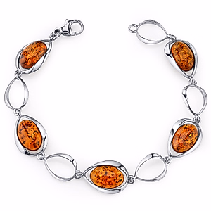 PEORA Genuine Baltic Amber Bracelet for Women 925 Sterling Silver, Rich Cognac Color, Floating Oval Shape 5 pieces, 7 1/2 inches Length