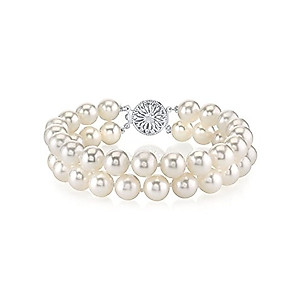 The Pearl Source 14K Gold 7-8mm AAA Quality Round White Double Freshwater Cultured Pearl Bracelet for Women