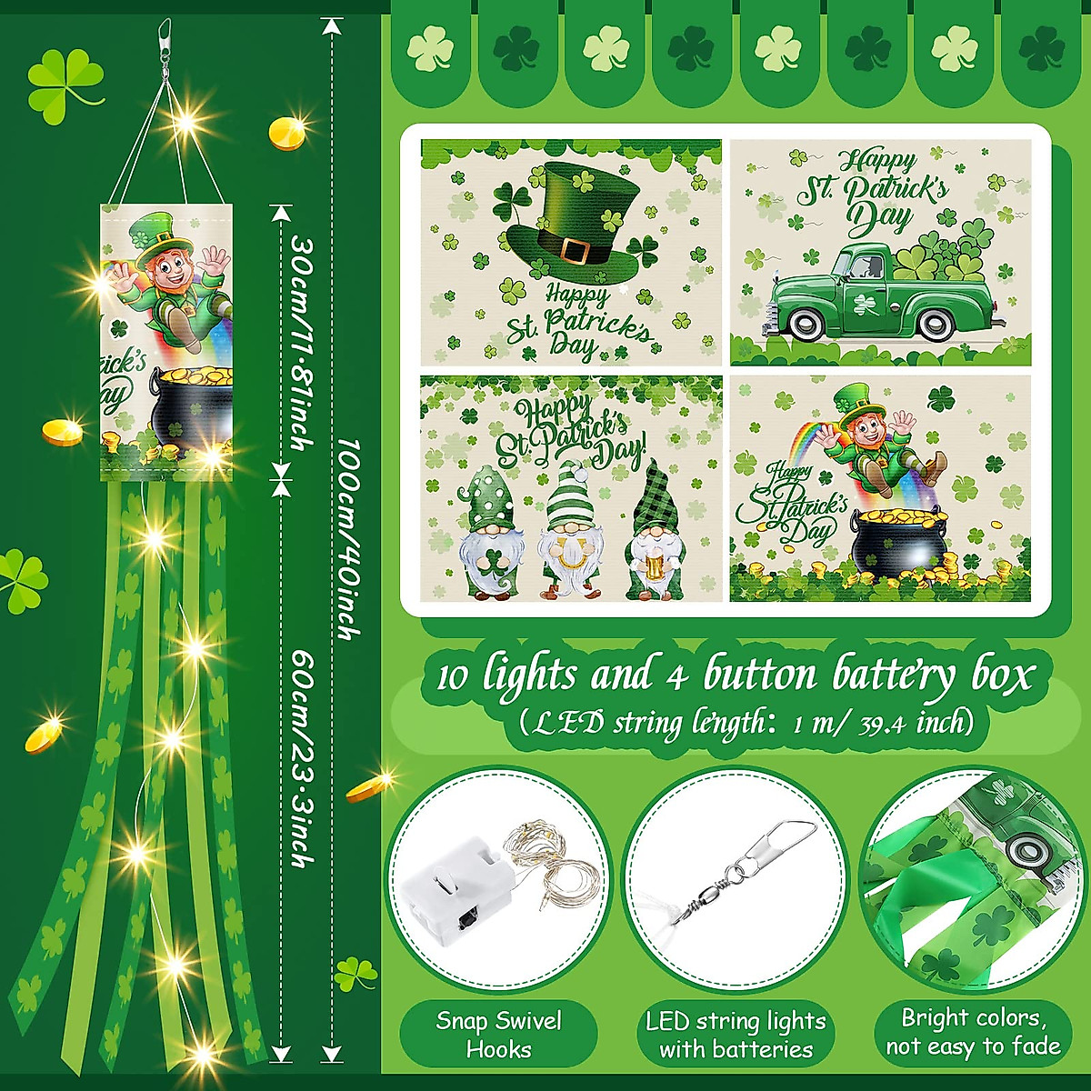 4 Pieces St. Patrick's Day Windsock with LED Light String 40 Inch Green Shamrock Truck Gnome Hat Pattern Windsock Happy St. Patrick's Day Outdoor Hanging Windsocks and Flags Wind Sock for Yard Decor