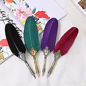 Retro Feather Pen Set, Writing Quill Pen Calligraphy Dip Pen Ink Set Luxury Vintage Signature Fountain Pen Gift Kit with Pen Stand and Replacement Nibs Valentine Day Christmas Birthday Gift Black