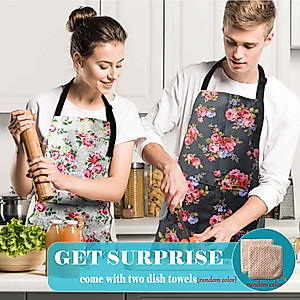 2 Pack Aprons for Women with 3 Pockets, Adjustable Waterproof Kitchen Bib Apron with 2 Towels for Chef Servers Grilling Cooking Baking, Plus Size Rose Flowers Aprons for BBQ Painting Gardening
