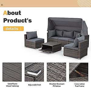 HOMREST 6 Pieces Patio Furniture Sets, Rattan Daybed with Retractable Canopy, Outdoor Sectional Sofa Set with Adjustable Backrest, Chaise Chair Sunbed for Garden Poolside Backyard（Grey）