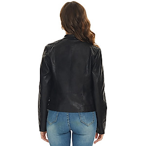 Fahsyee Black Faux Leather Jackets for Women Zip Up Motorcycle Short PU Moto Biker Outwear Fitted Slim Coat Size L