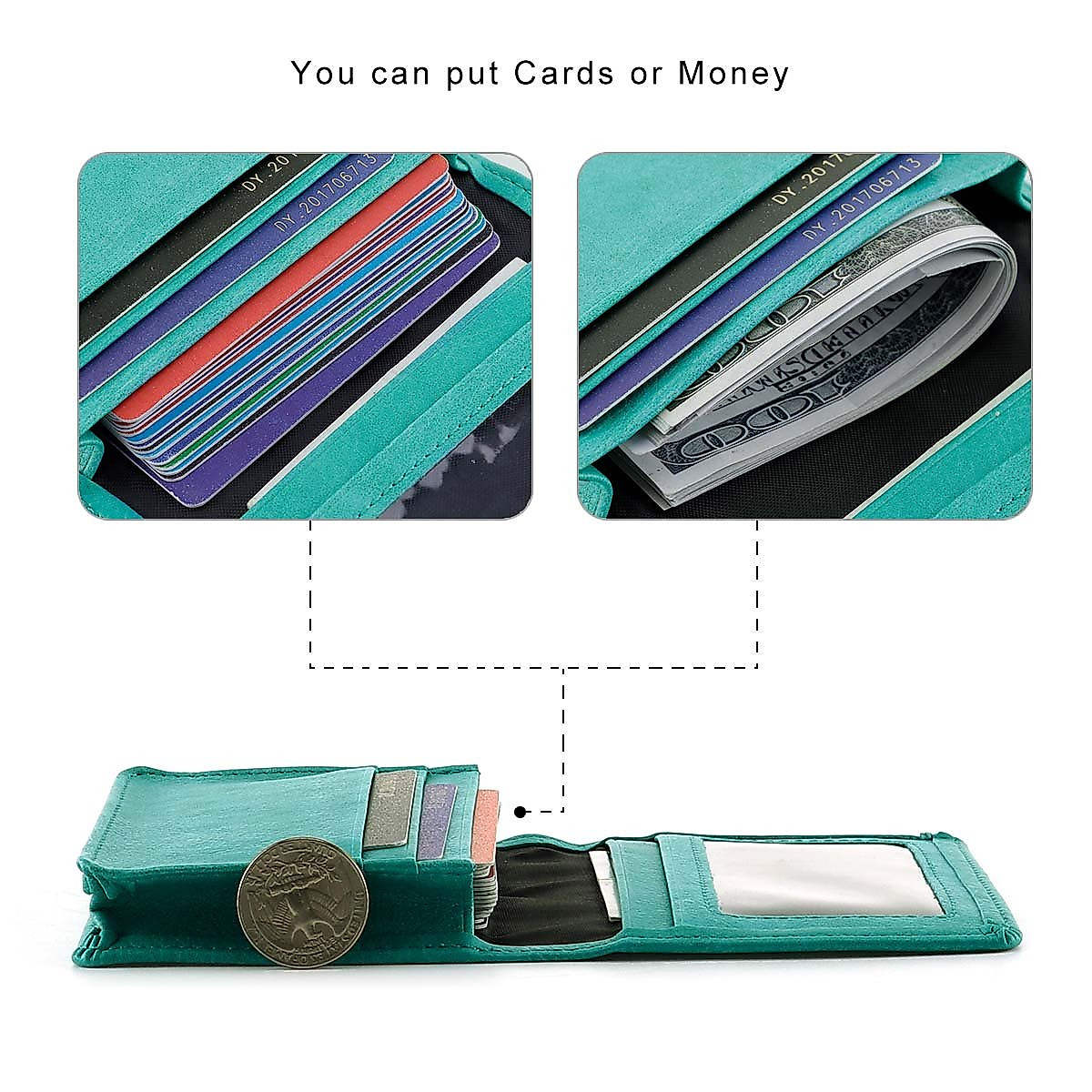 Small Credit Card Holder Large Capacity Bifold Card Wallet Organizer with ID Window for Men & Women (Aqua blue)