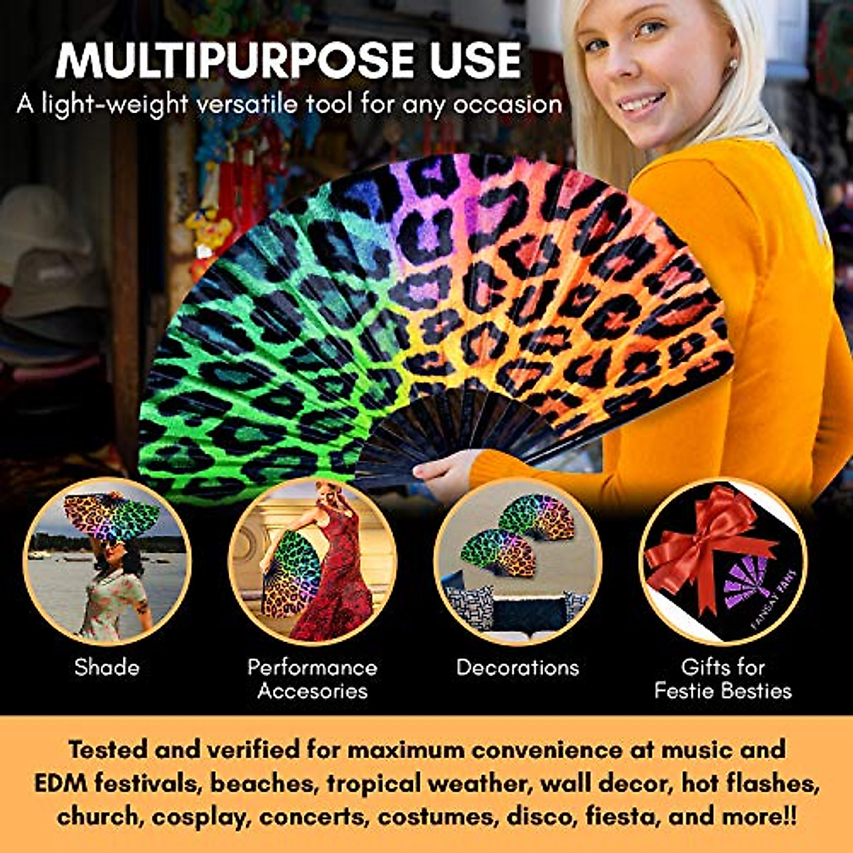 Fansay Fans - Large Hand Folding Fan for Men/Women Chinese/Japanese Bamboo with Leather Cloth Fabric Dance Festival Fan Handheld Folding Fans (Rainbow Cheetah)