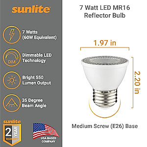 Sunlite LED PAR16 Short Neck Recessed Spotlight Bulb, 7 Watt, (60W Halogen Replacement), 550 Lumens, Medium (E26) Base, Dimmable, ETL Listed, 2700K Soft White, 1 Count