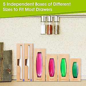 OTLS Storage Bag Organizer for Kitchen Drawer, 6 in 1 Foil and Plastic Wrap Organizer with Cutter, Bamboo Bag Organizer for Drawer with Separate Boxes for Gallon, Sandwich, Quart & Snack